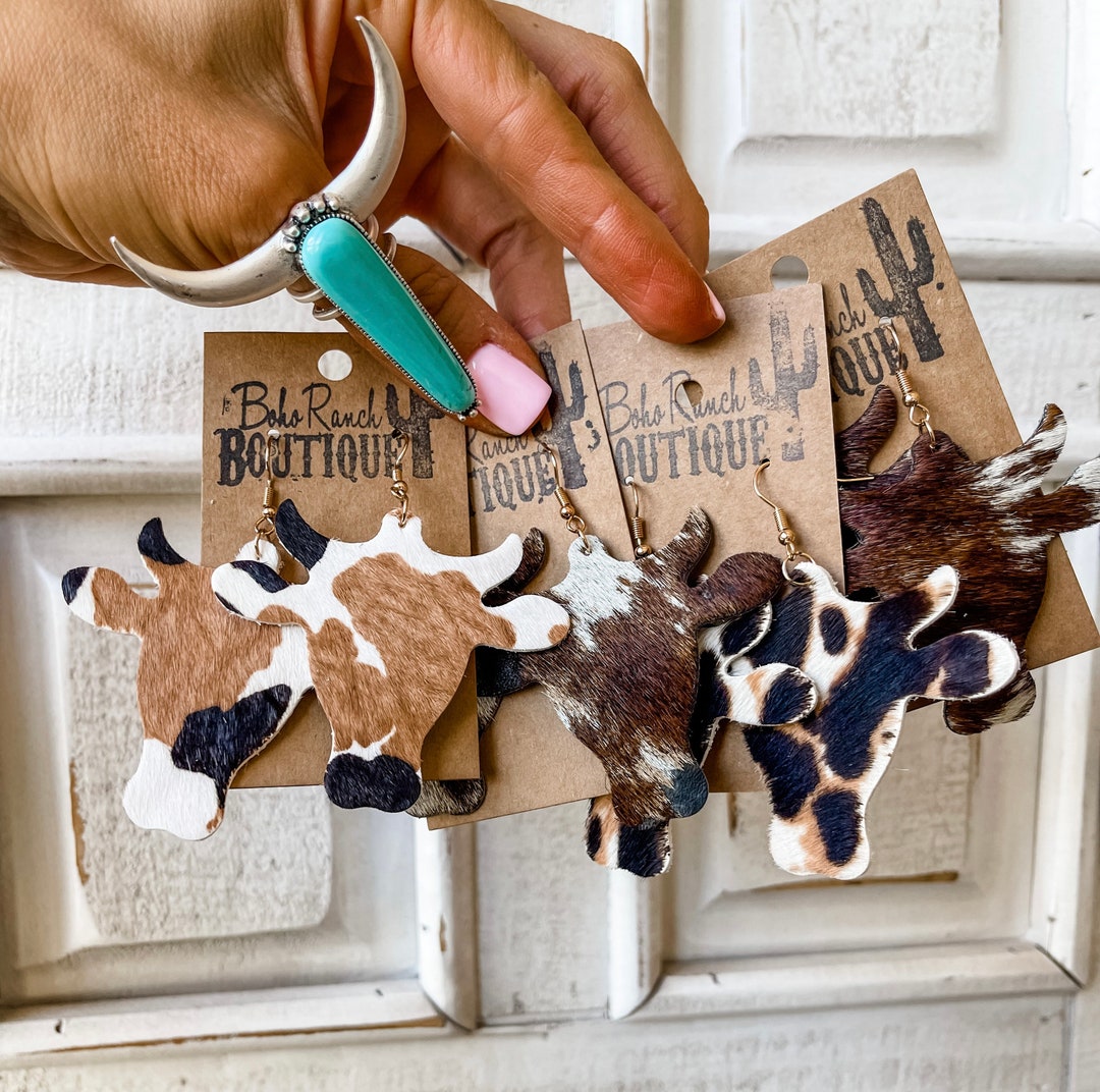 COWHIDE COWHEAD EARRINGS | Genuine Hair on Cowhide Cow Head Earrings ...