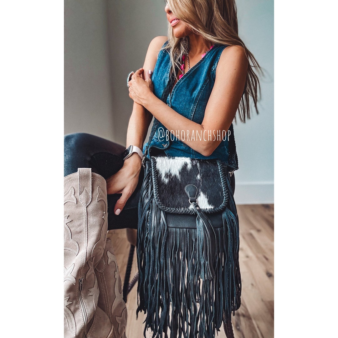 THE NANCY CROSSBODY Genuine Hairon Cowhide Leather Tassel Fringe ...