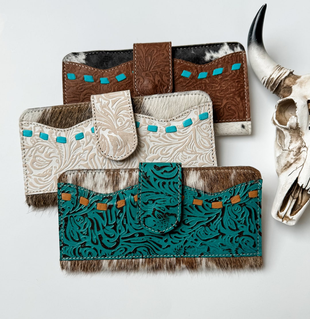 FLORAL LEATHER WALLET | Western Genuine Hand Tooled Turquoise or Brown ...
