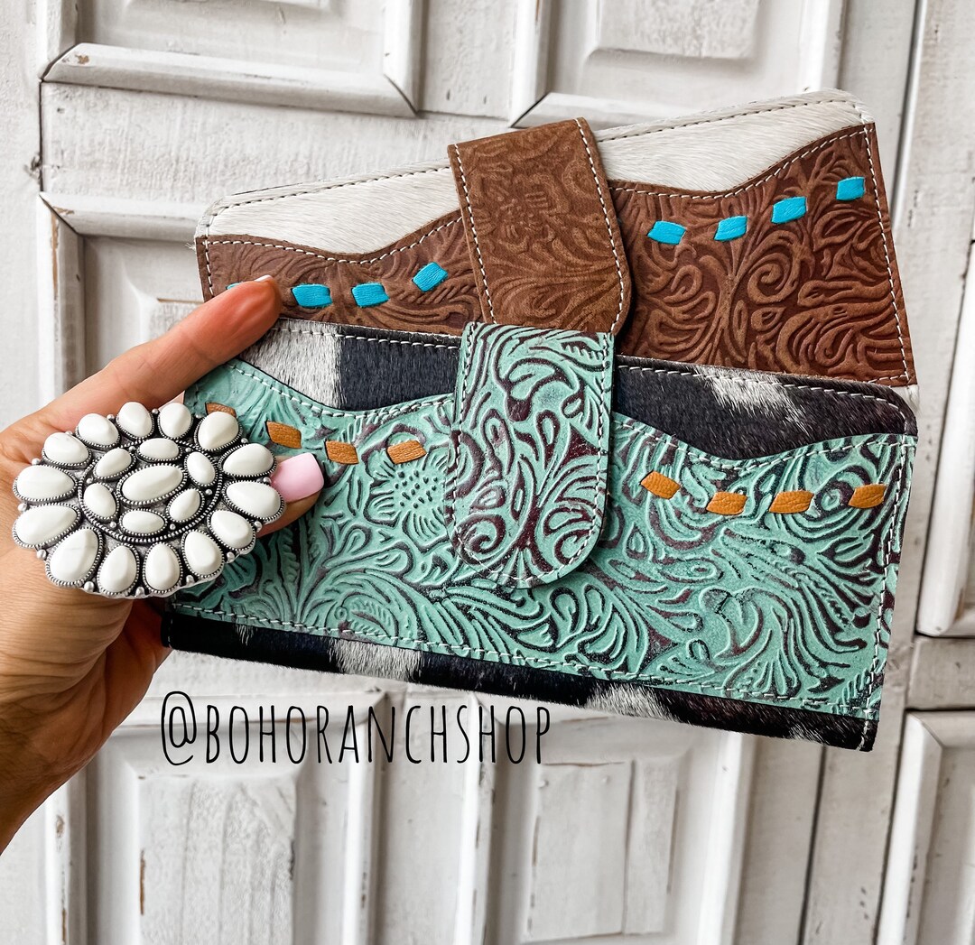 FLORAL LEATHER WALLET Western Genuine Hand Tooled Turquoise - Etsy