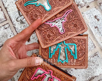 Longhorn Leather Tooled Wallet - Etsy