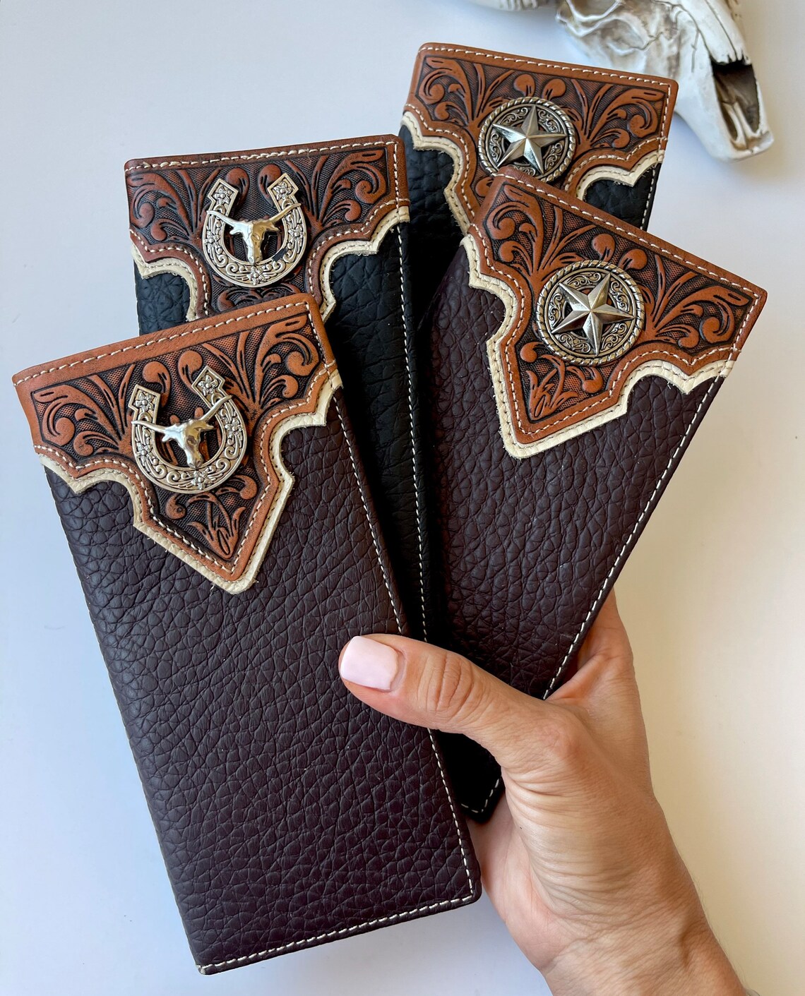 BIFOLD WALLET Genuine Tooled Leather Bi-fold Wallet Longhorn - Etsy