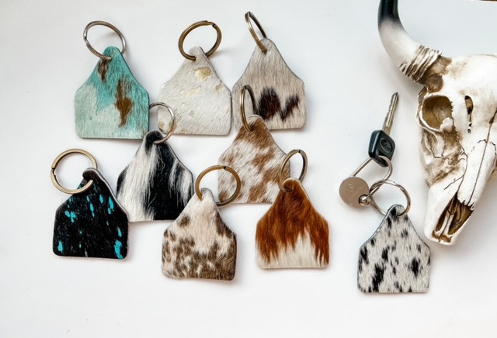 COWHIDE EARTAG KEYCHAIN | Cow Cattle Ear Tag Hair on Cowhide Leather ...