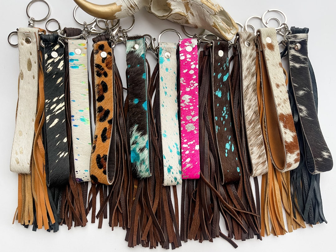 COWHIDE TASSEL KEYCHAIN Wristlet Western Hair on Cowhide Fringe ...