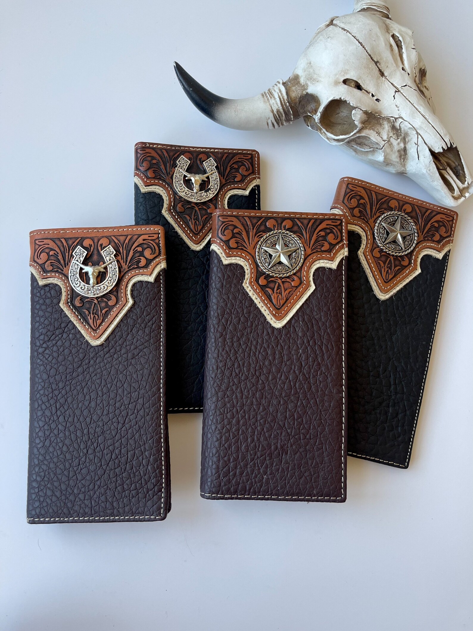 BIFOLD WALLET Genuine Tooled Leather Bi-fold Wallet Longhorn - Etsy