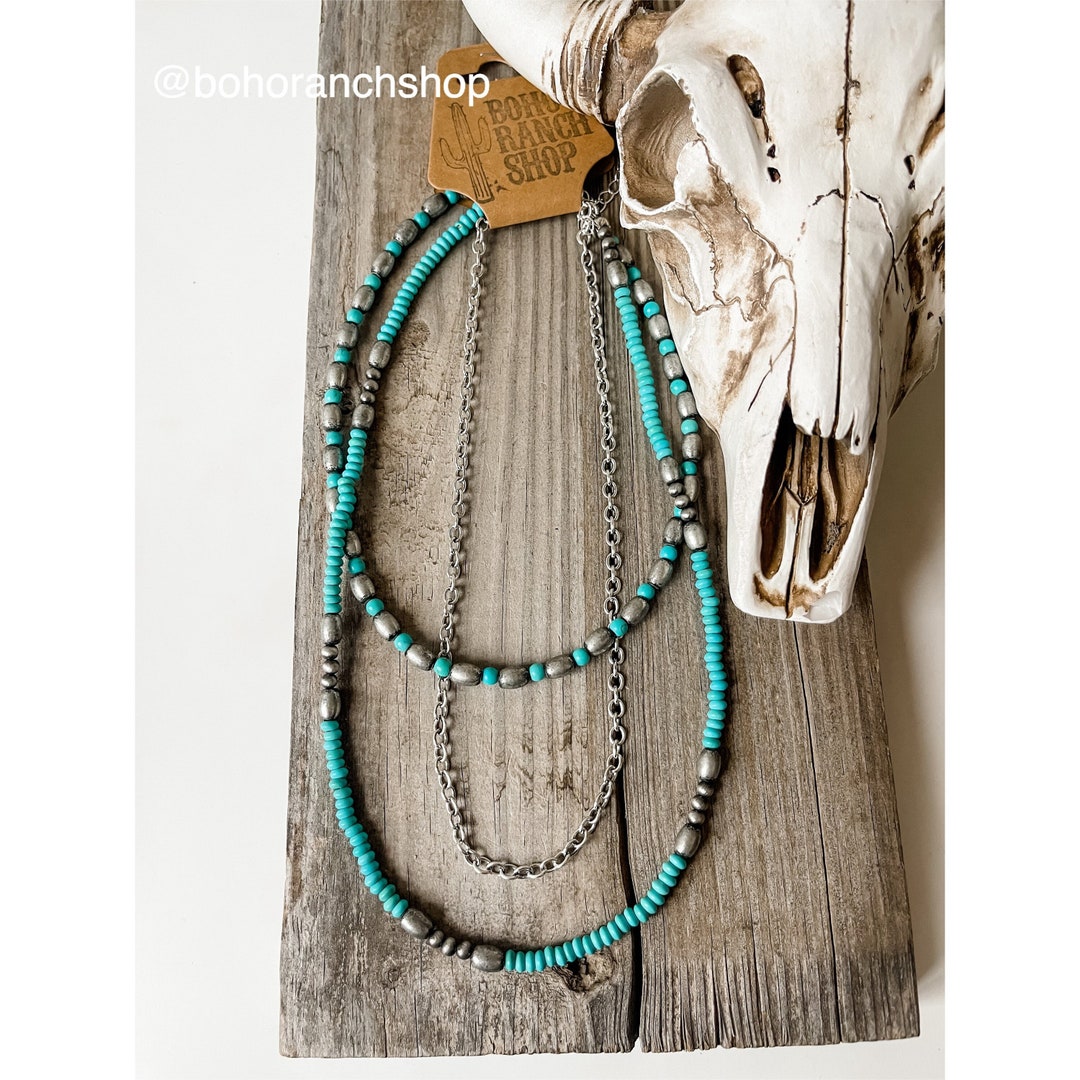 LAYERED WESTERN BEAD Neckace Bead Semi Stone Necklace | Turquoise White ...
