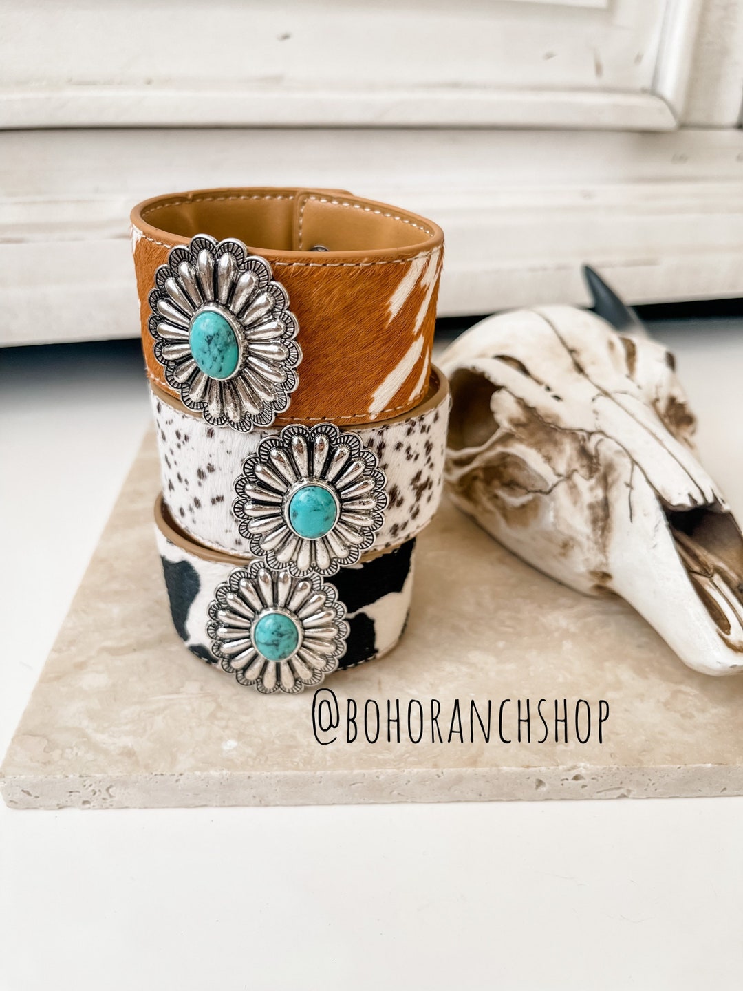 COWHIDE CONCHO BRACELETS | Hair on Cowhide Genuine Leather | Turquoise ...