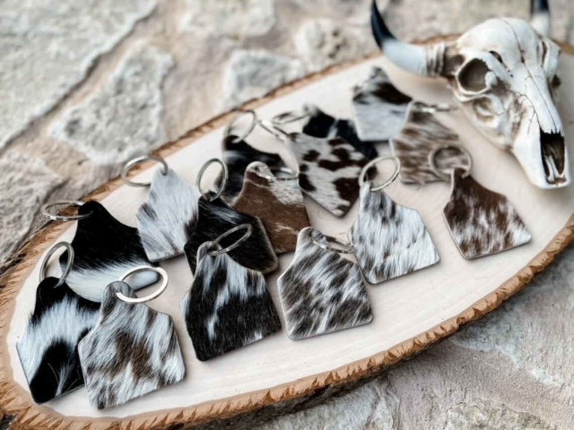 COWHIDE EARTAG KEYCHAIN Cow Cattle Ear Tag Hair on Cowhide | Etsy