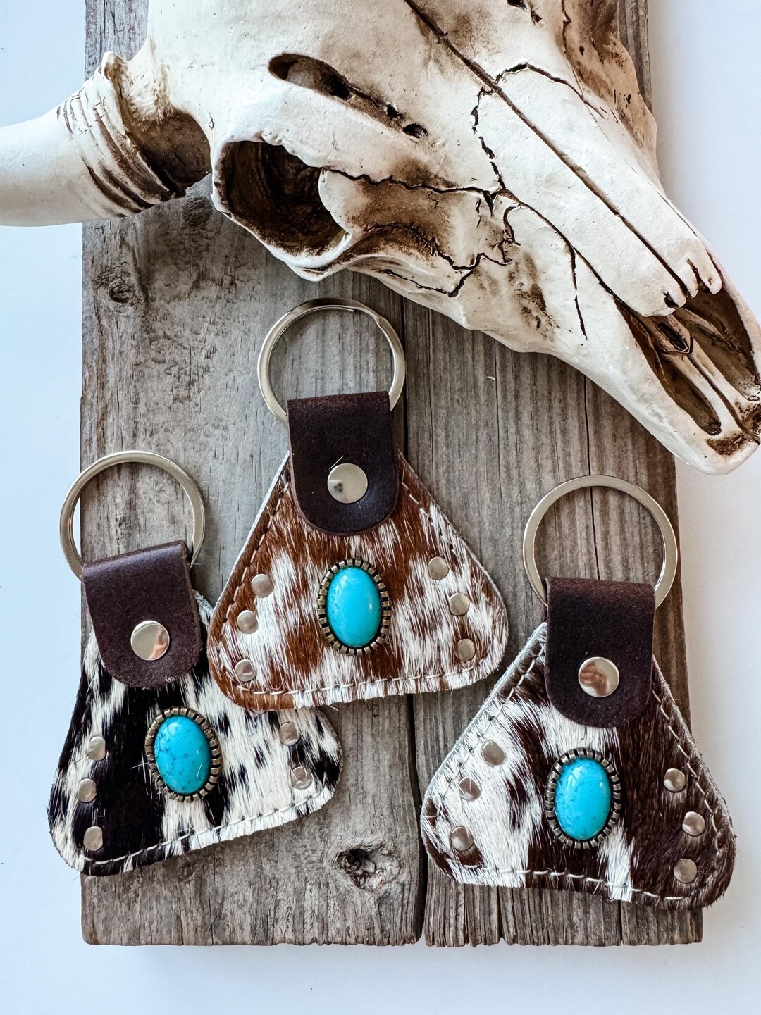 COWHIDE STUDDED KEYCHAIN Western Leather Hair on Cowhide Keychain | Key ...