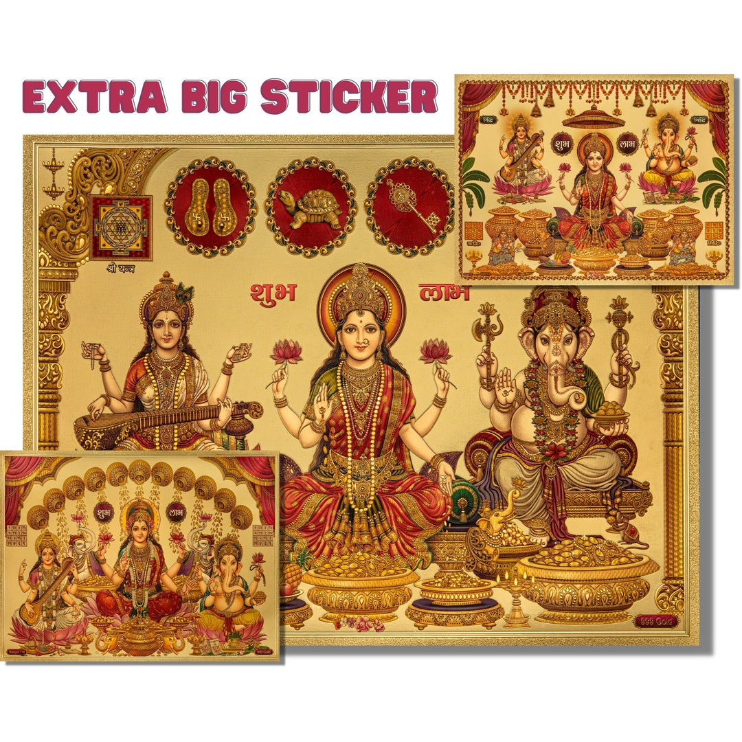 Extra Big Sticker, Lakshmi Saraswati Ganesh, Golden Foil, Size - 15 X ...