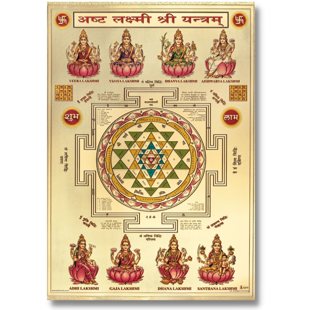 Ashta Lakshmi Shree Yantra Golden Foil Print, Framed or Unframed, US ...
