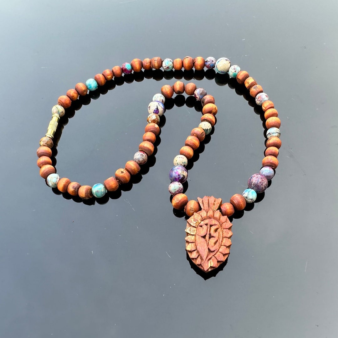 Brown Tulsi Necklace With Radha Engraved Pendant and Sea Sediment ...