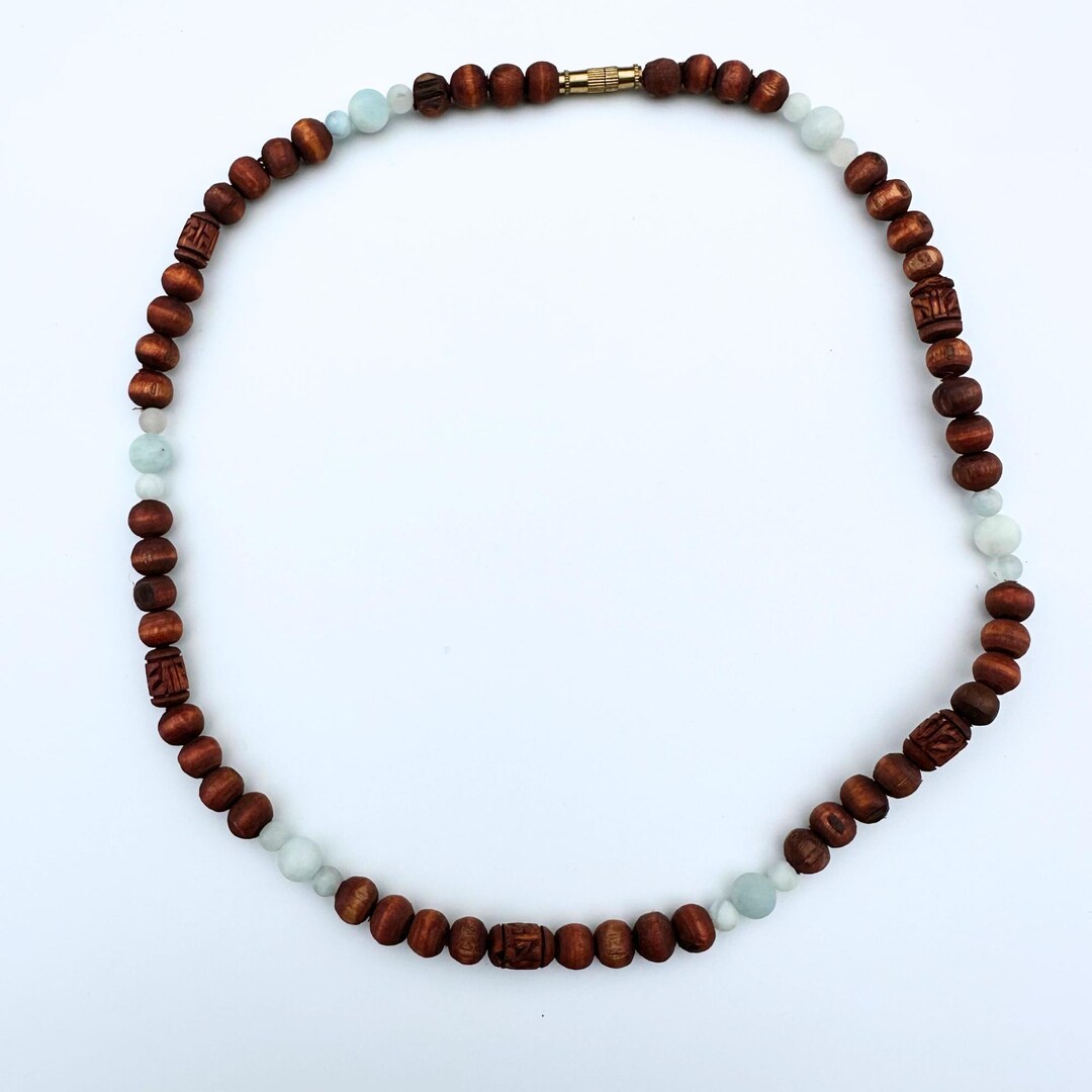 Tulsi Necklace With Radha Engraved Beads and Aquamarine Gemstone - 16.5 ...