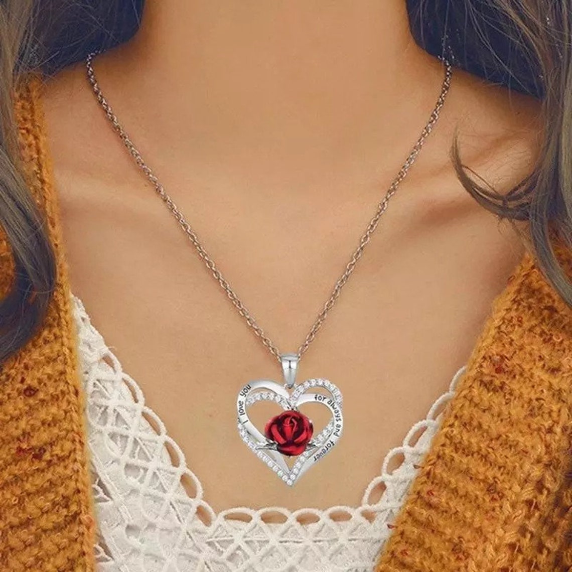 Double Hart With Rose Exquisite Fashion Couple Love Rose Necklace Lady ...
