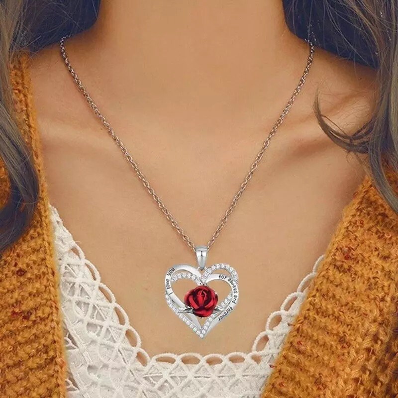 Double Hart With Rose Exquisite Fashion Couple Love Rose Necklace Lady ...