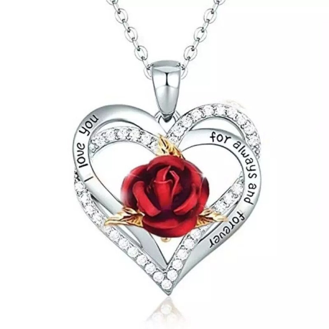 Double Hart With Rose Exquisite Fashion Couple Love Rose Necklace Lady ...