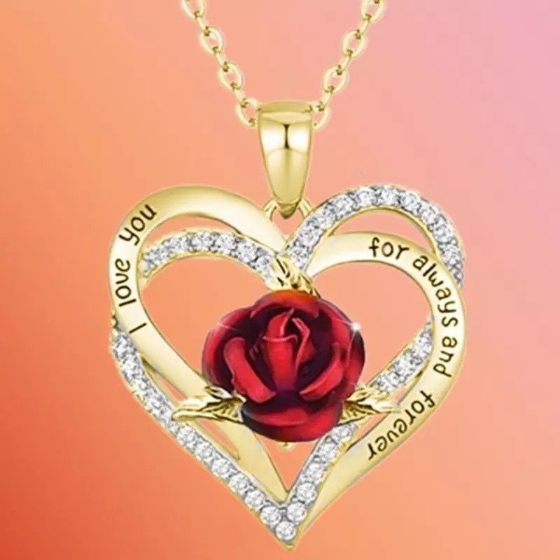 Double Hart With Rose Exquisite Fashion Couple Love Rose Necklace Lady ...