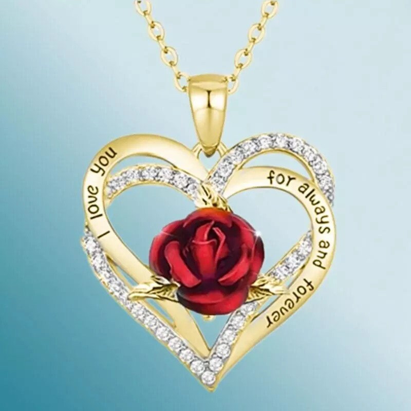 Double Hart With Rose Exquisite Fashion Couple Love Rose Necklace Lady ...