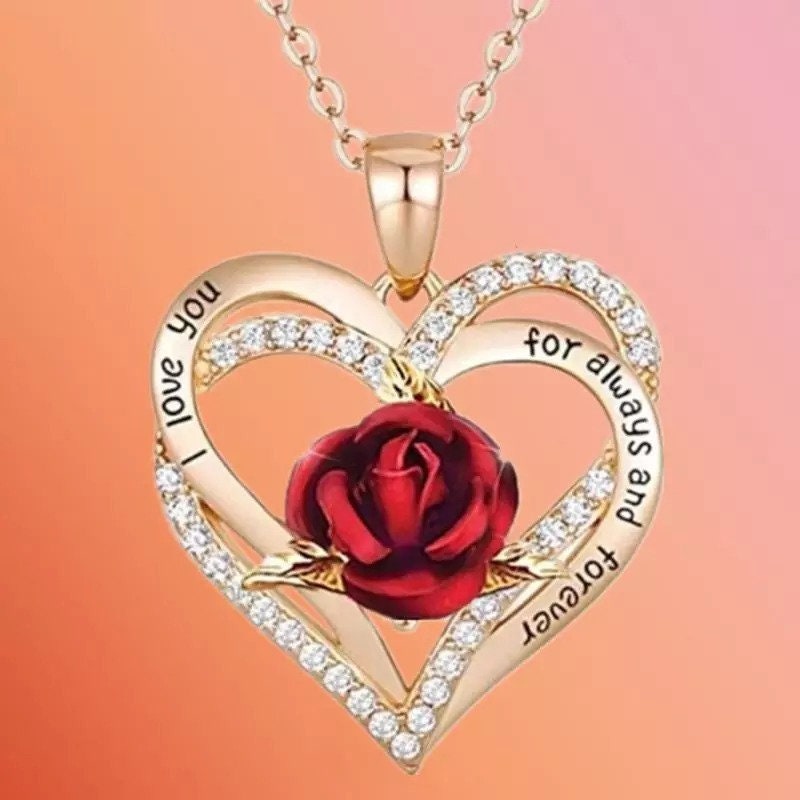 Double Hart With Rose Exquisite Fashion Couple Love Rose Necklace Lady ...