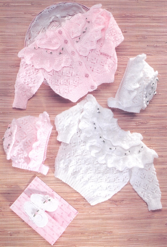 Frilly Jumper Cardigan Bonnet Set Double Knit DK Knitting | Etsy