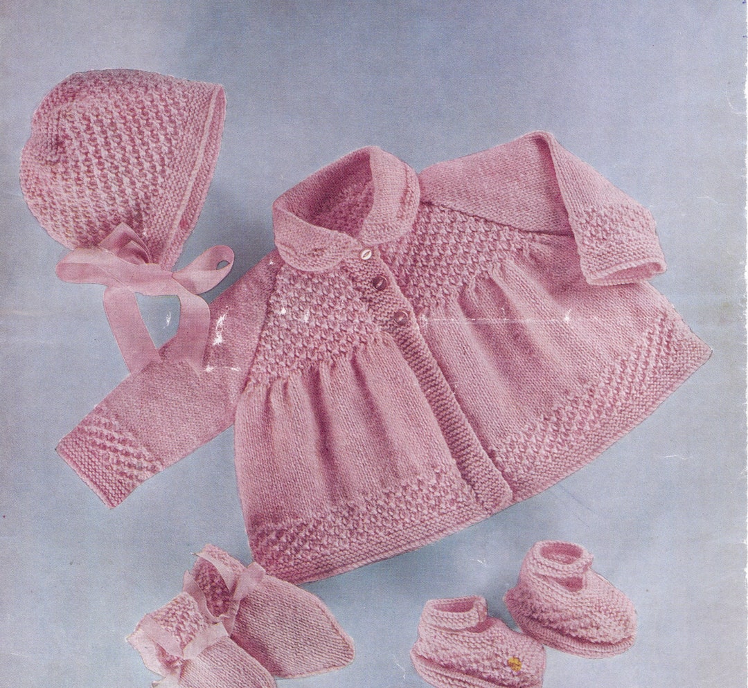 Baby Boy Girl Pram Set Cardigan Bonnet Mittens Booties Knitting Pattern ...