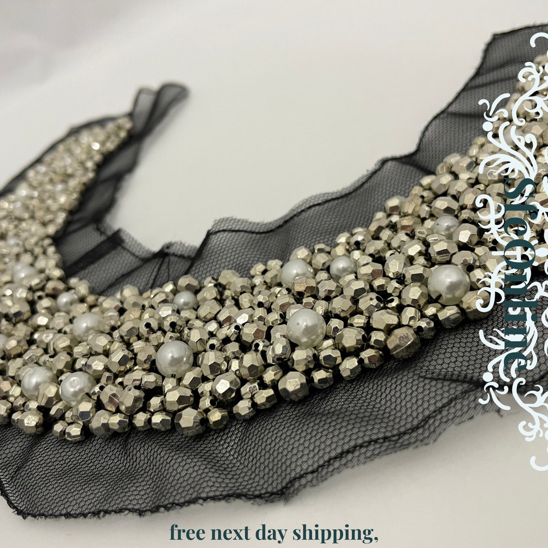 Exquisite Beaded Diamond Pearl Lace Collars Applique, Round Neck , Mesh ...