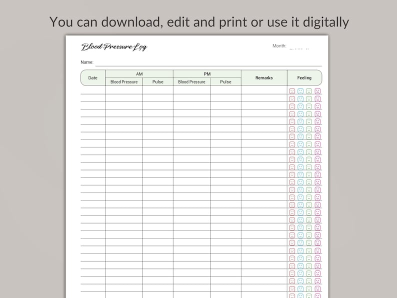 Blood Pressure Log Editable Printable, Blood Pressure Tracker, Medical ...