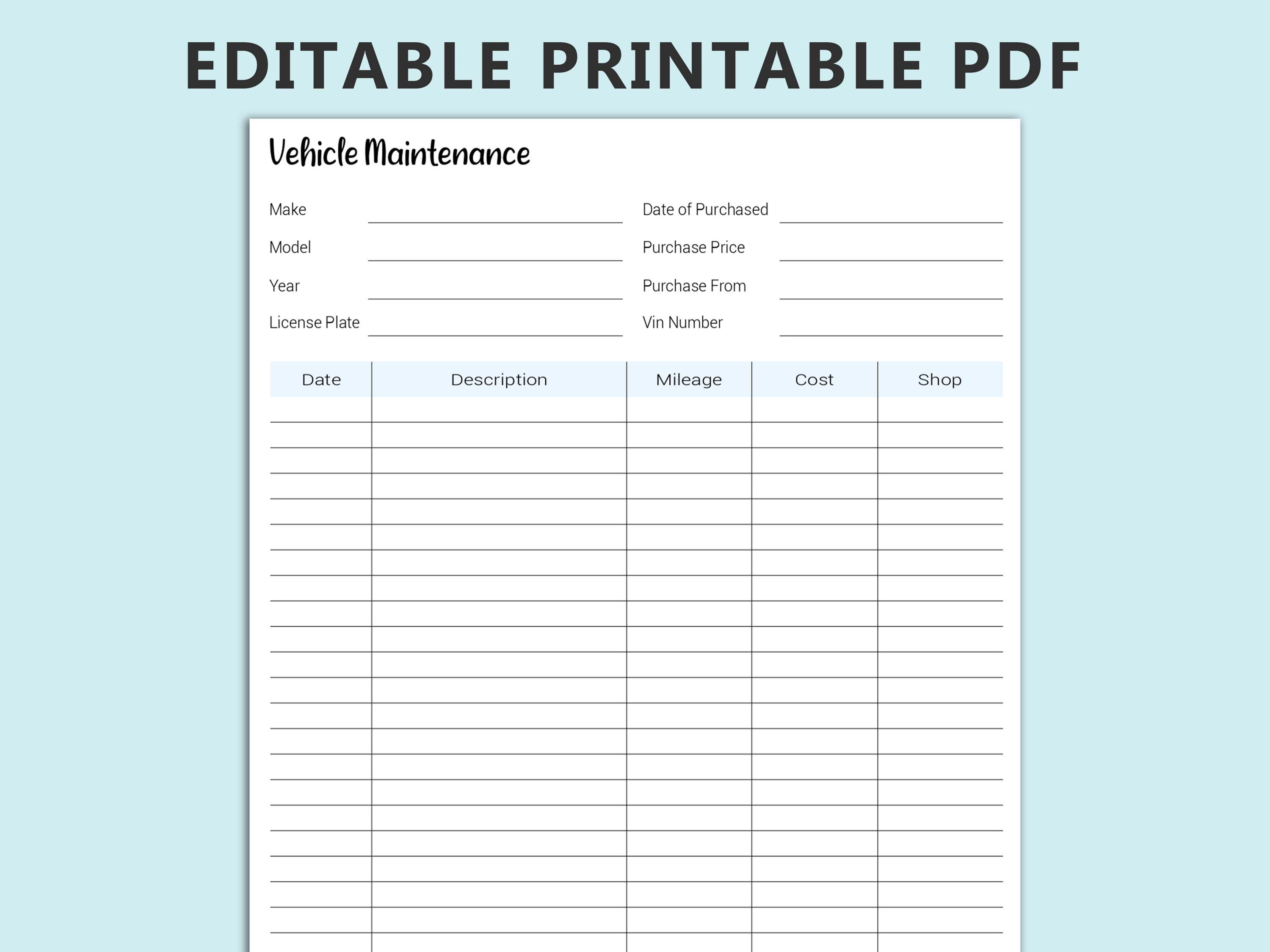 Vehicle Maintenance Tracker, Vehicle Maintenance Record, Vehicle ...