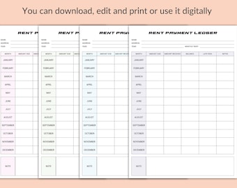 Monthly Rent Payment Ledger Template Landlord Rental Spreadsheet by ...