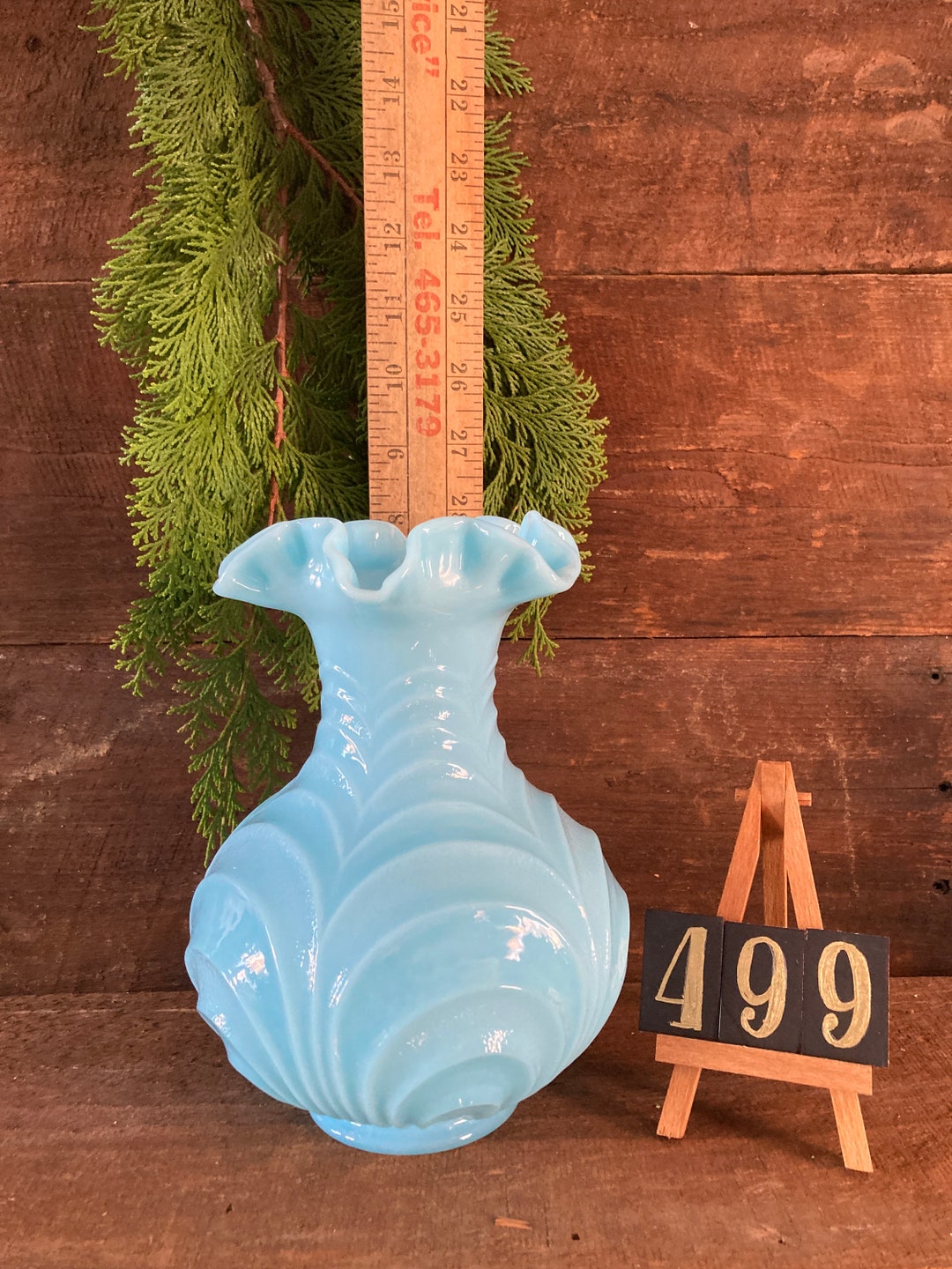499 Vintage FENTON Powder Blue Satin Drapery Glass Vase With Ruffled ...