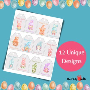 Printable Happy Easter Gnome Bunny Gift Tags – 12 Cute Bunny Tags for ...
