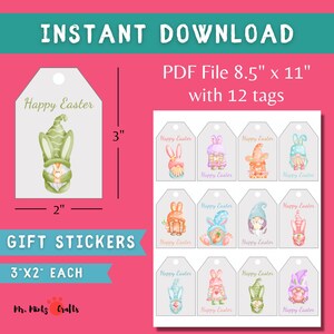 Printable Happy Easter Gnome Bunny Gift Tags – 12 Cute Bunny Tags for ...