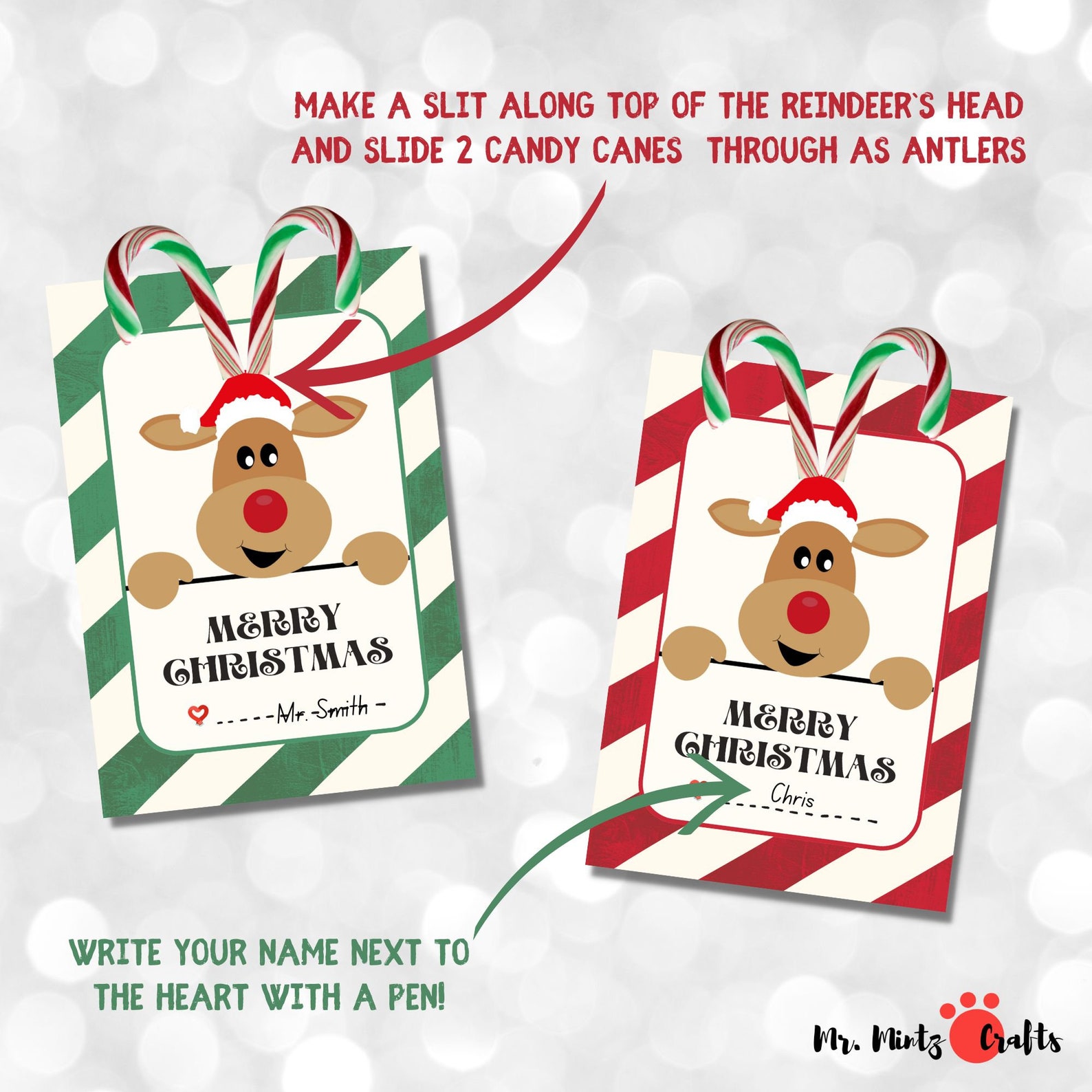 Reindeer Candy Cane Holder Template | Candy Cane Gram | Christmas Candy ...