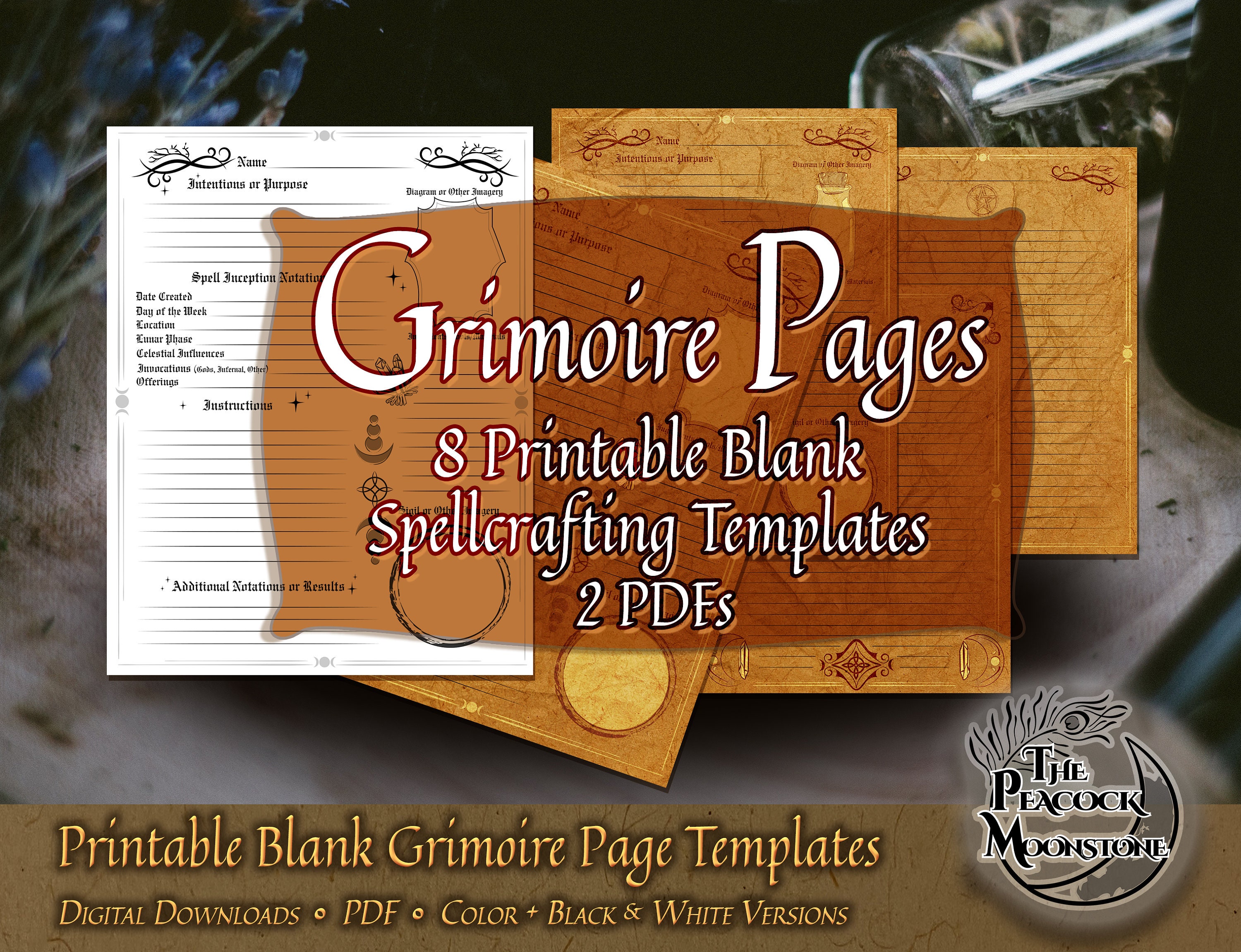 Blank Grimoire Pages • Spell Page Templates • Printable Book of Shadows ...
