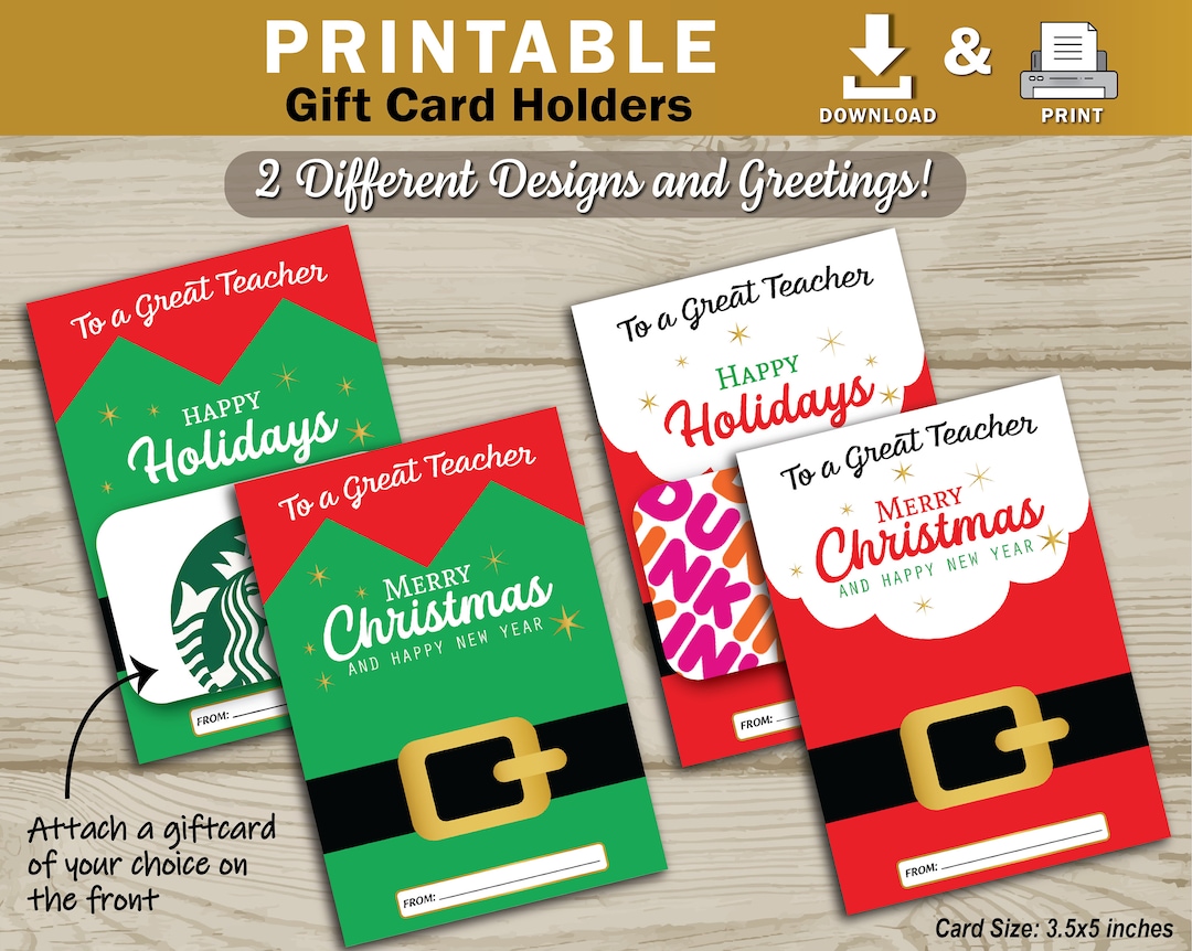 Printable Holiday Gift Card Holder for Teacher, Christmas Gift Card ...