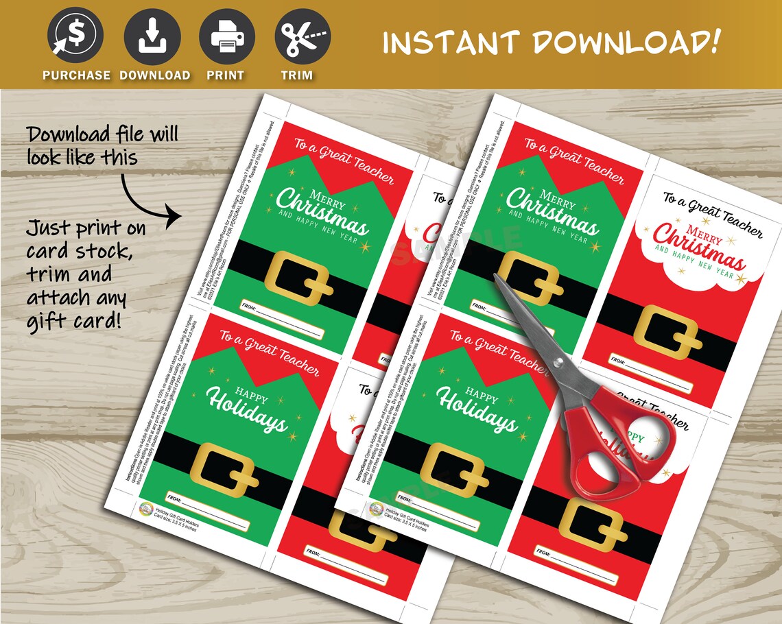 Printable Holiday Gift Card Holder for Teacher, Christmas Gift Card ...