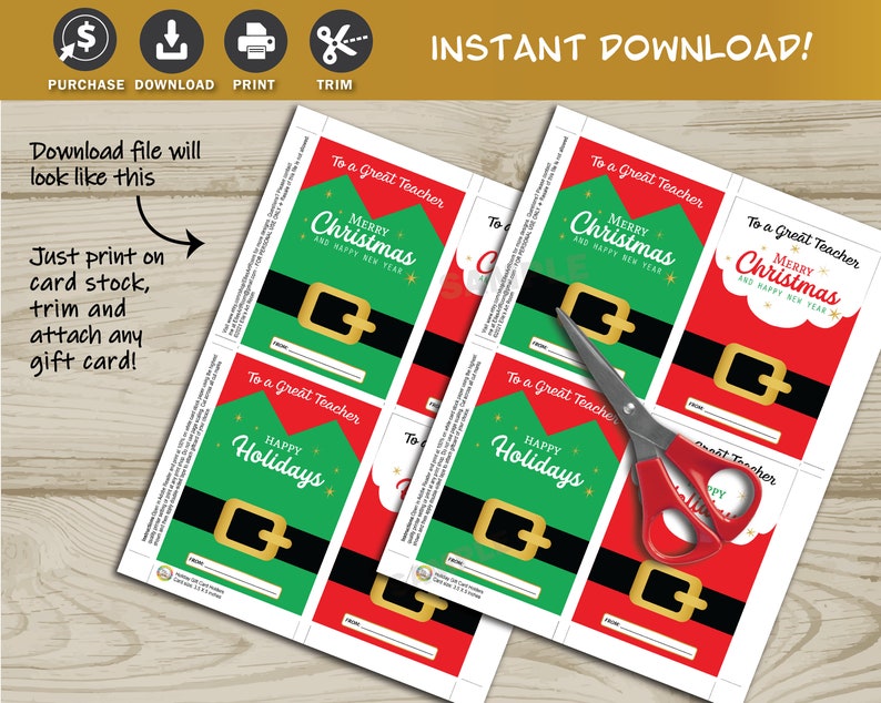 Printable Holiday Gift Card Holder for Teacher, Christmas Gift Card ...