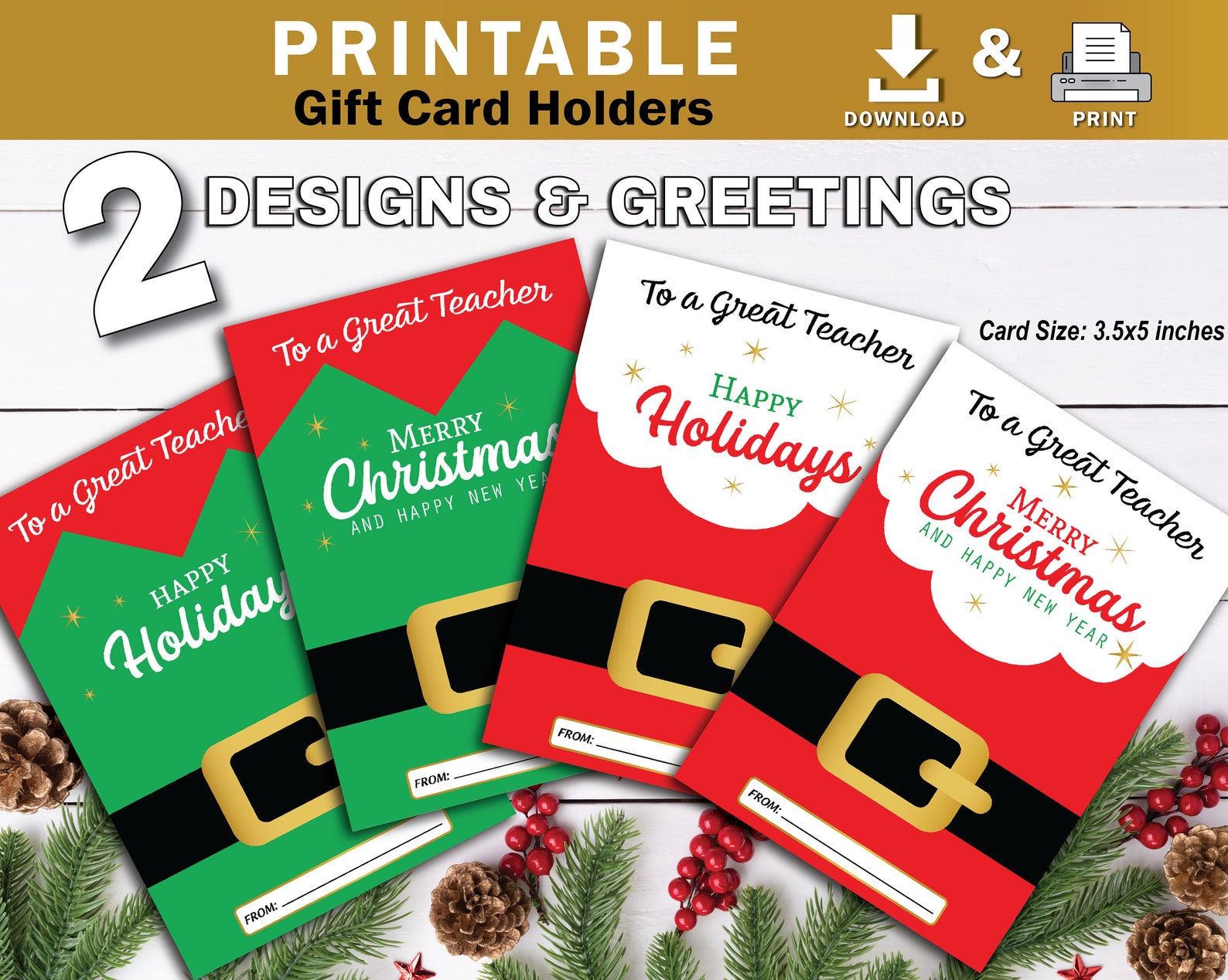 Printable Holiday Gift Card Holder for Teacher, Christmas Gift Card ...