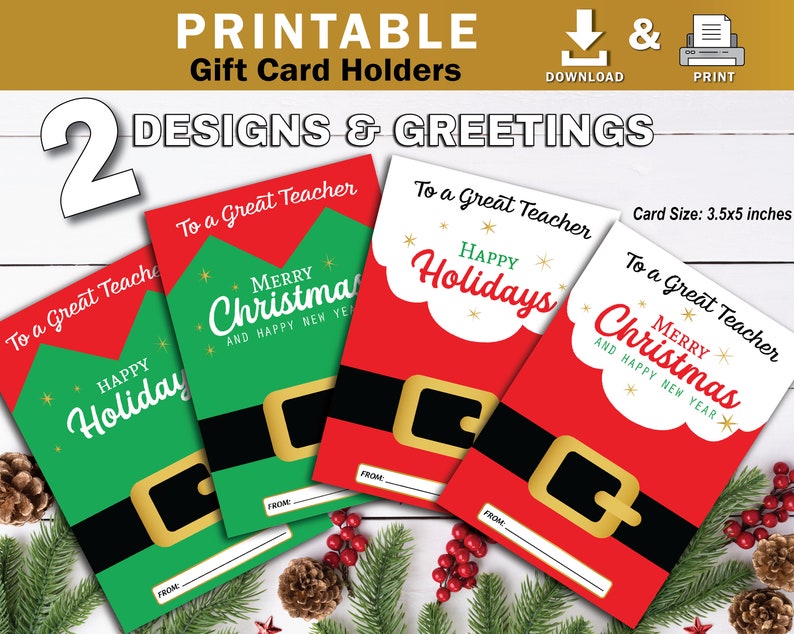Printable Holiday Gift Card Holder for Teacher, Christmas Gift Card ...