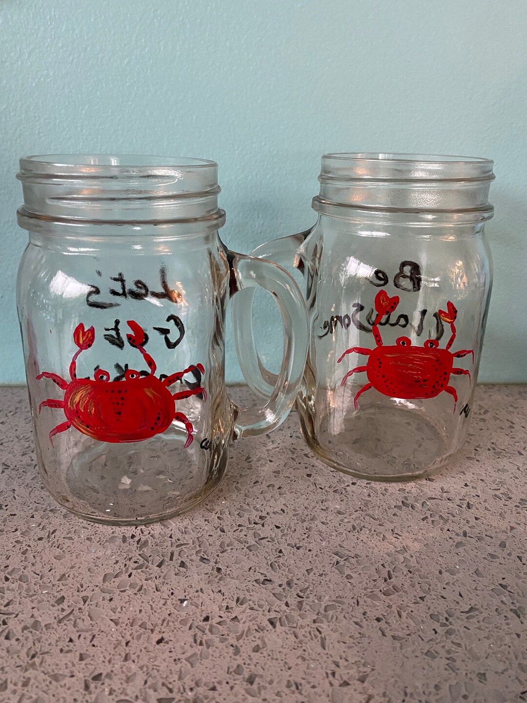 Hand Painted Crab Mason Jar With Handle Glass - Etsy