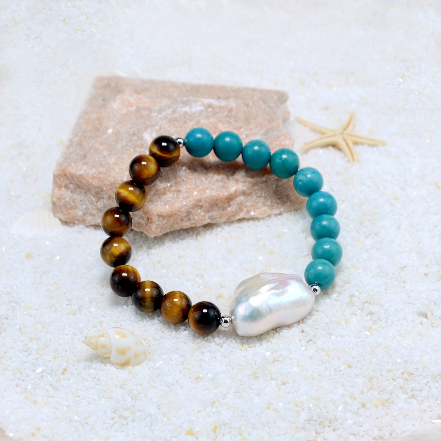Brazil Gemstones Bead Bracelet, Turquoise, Tiger's Eye Beads, Baroque ...
