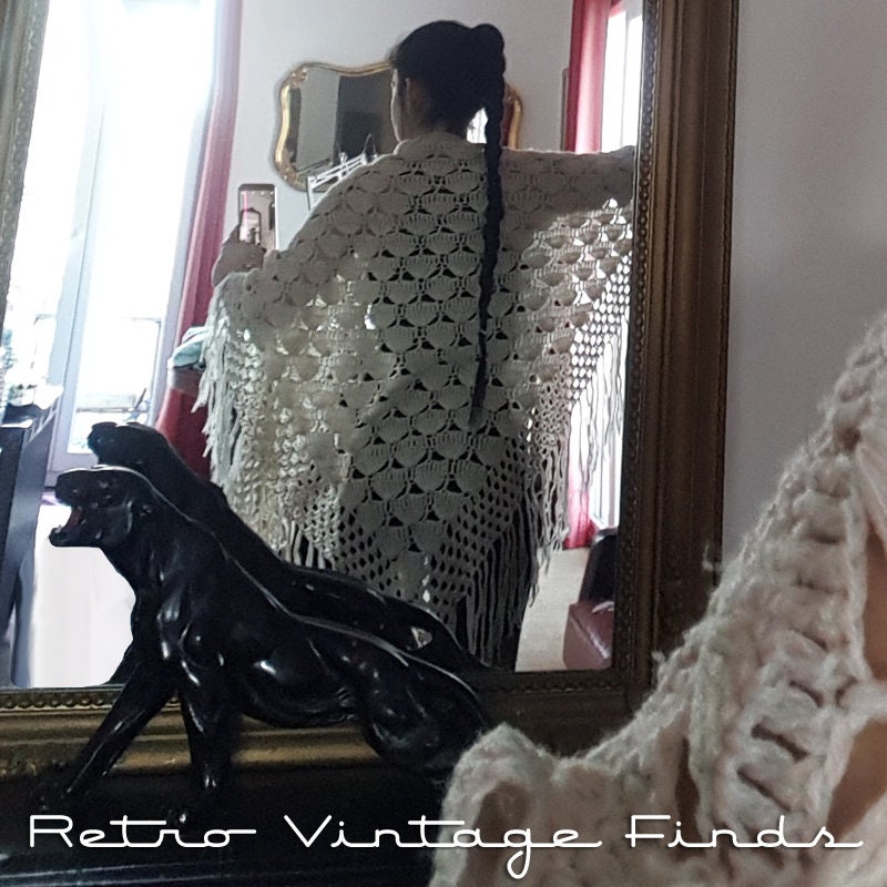 Vintage 1970s Nacre Tricolor Rainbow Crochet Shawl Reflected Wool Shawl ...