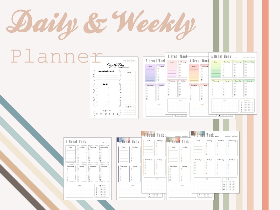 Printable Daily and Weekly Planner Black and White, Multi-color Options ...