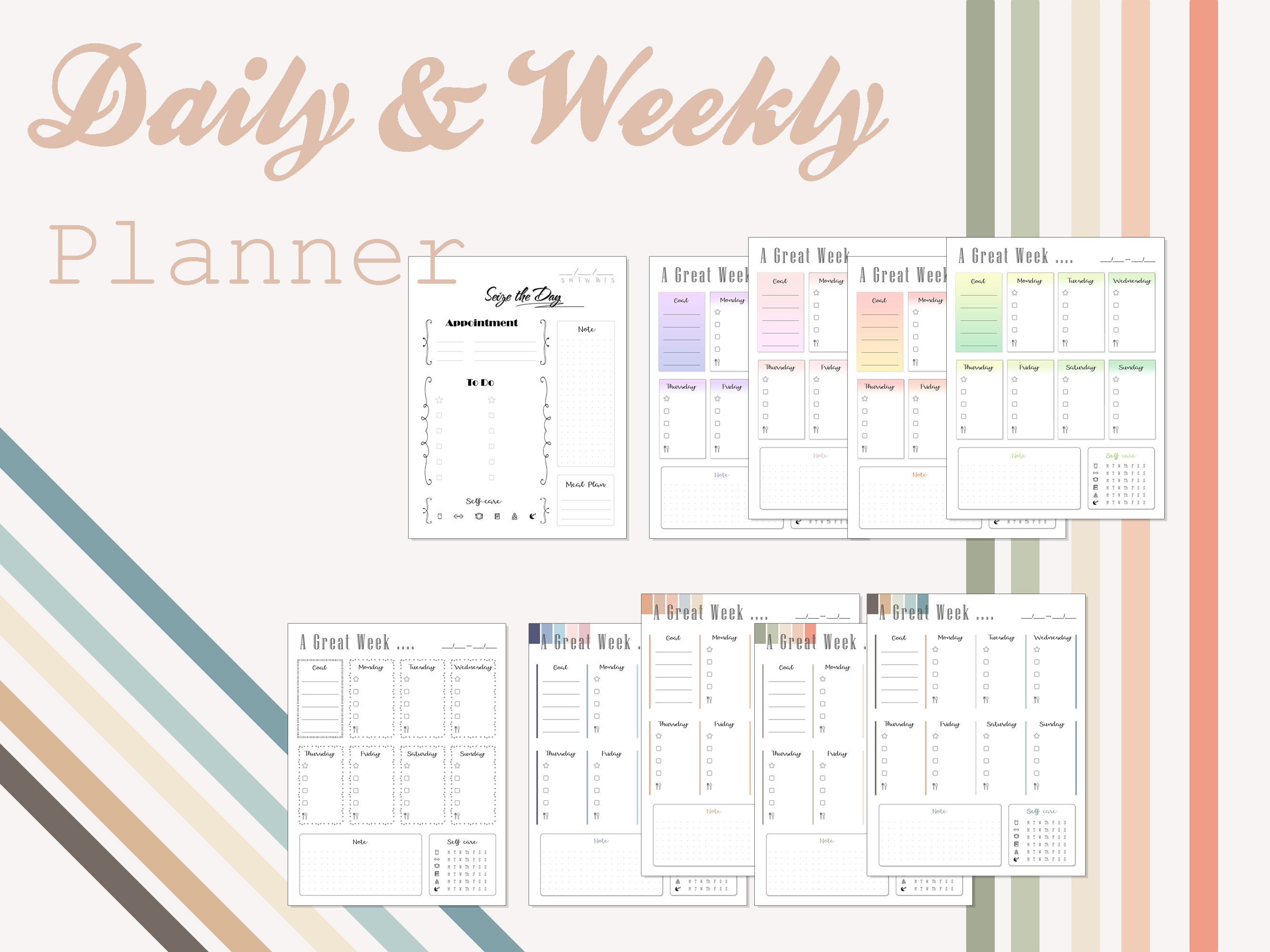 Printable Daily and Weekly Planner Black and White, Multi-color Options ...
