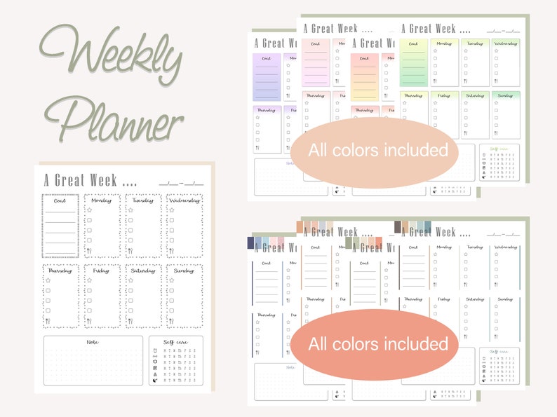 Printable Daily and Weekly Planner Black and White, Multi-color Options ...