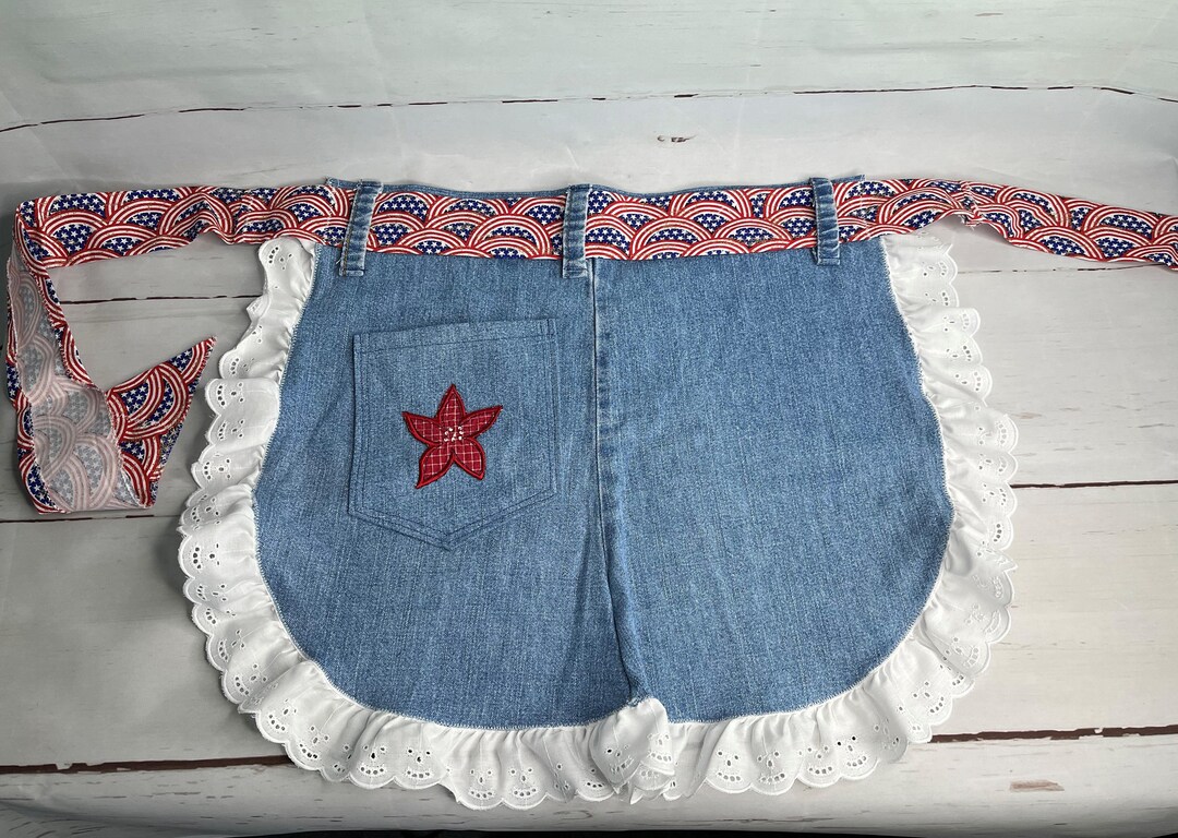 Upcycled Denim Half Apron: Ruffled Lace, Patriotic Tie - Etsy