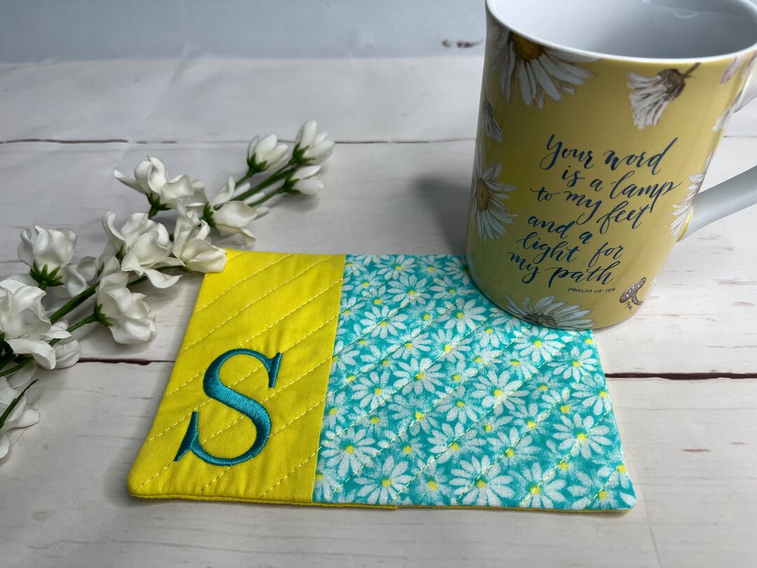 Monogrammed Mug Rug, Embroidered Mug Rug, Floral Mug Rug, Personalized ...