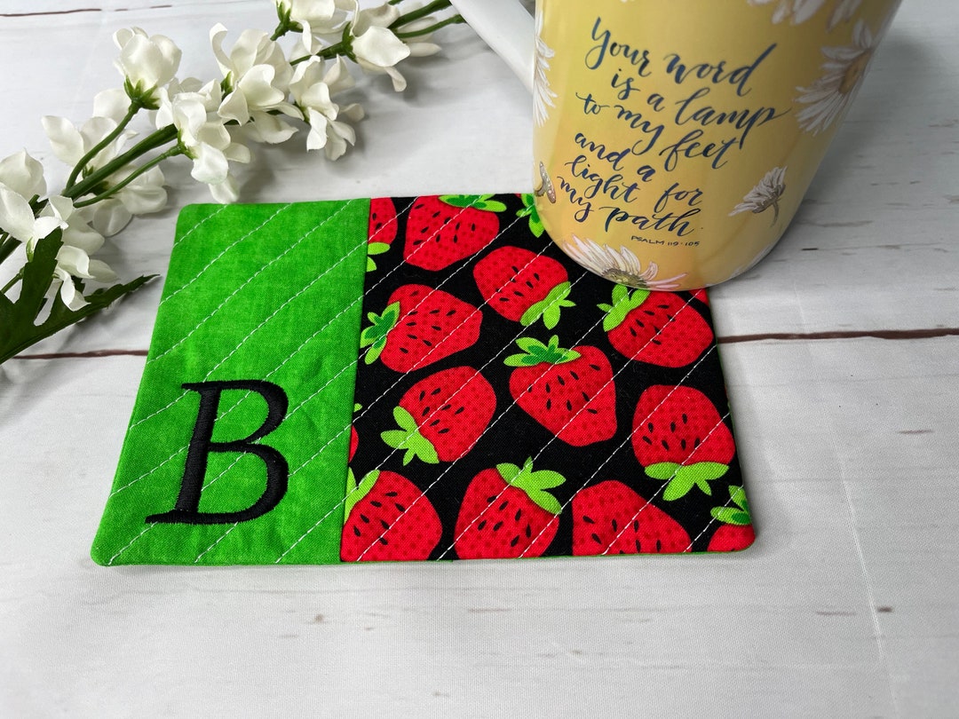 Monogrammed Mug Rug, Embroidered Mug Rug, Strawberry Mug Rug ...