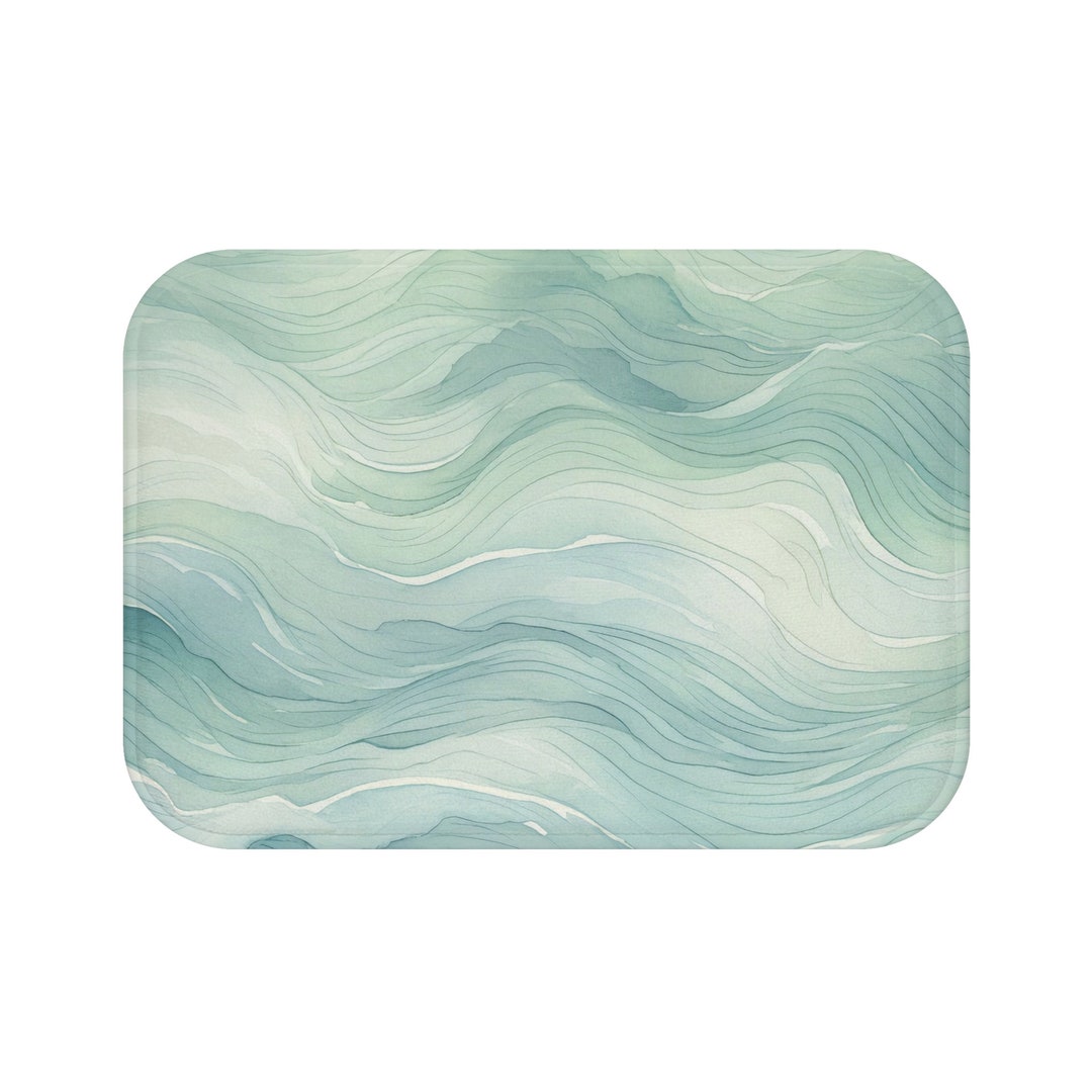 Ocean Wave Bath Mat, Soft Memory Foam Bathroom Rug, Watercolor Seafoam ...