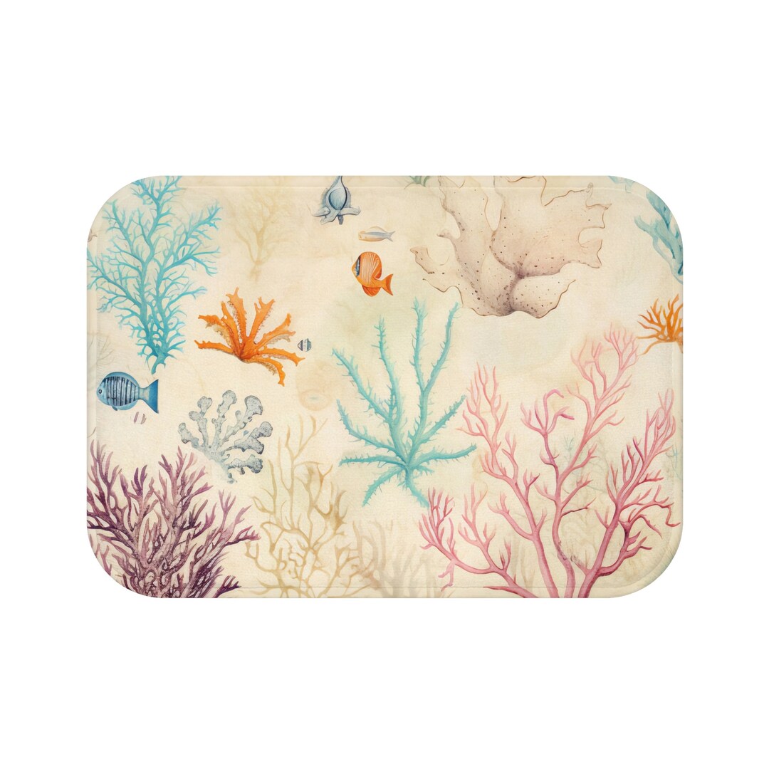 Sea Life Bath Mat, Beachy Bathroom Decor, Coral Fish Bath Rug ...